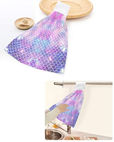 Fangship Hanging Kitchen Towel with Loop 2 Pack Beautiful Dreamy Pink Mermaid Scales Soft Dish Towels Tie Towel Tea Towels Washcloth for Bathroom Home