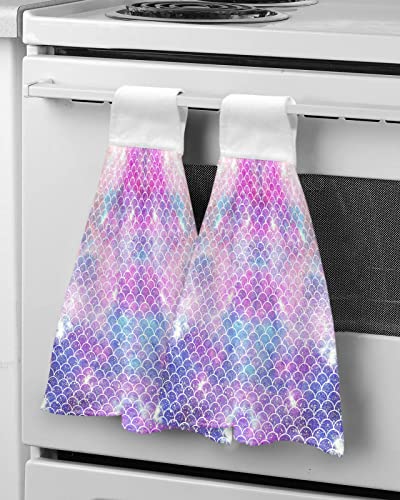 Fangship Hanging Kitchen Towel with Loop 2 Pack Beautiful Dreamy Pink Mermaid Scales Soft Dish Towels Tie Towel Tea Towels Washcloth for Bathroom Home