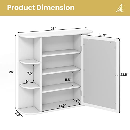 Tangkula Bathroom Medicine Cabinet with Mirror, Wall Mounted Bathroom Storage Cabinet with Mirror Door & 6 Open Shelves, Adjustable Shelves, Mirror Cabinet, Bathroom Wall Cabinet with Mirror (White)