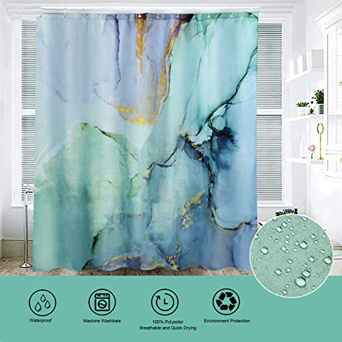 Apprekt 4Pcs Blue Marble Shower Curtain Sets with Rugs, Bathroom Curtains Shower with Non-Slip Rug,Fabric Shower Curtain Modern Bathroom Accessories Decor with Bath Mats(72 x 72 Inch)