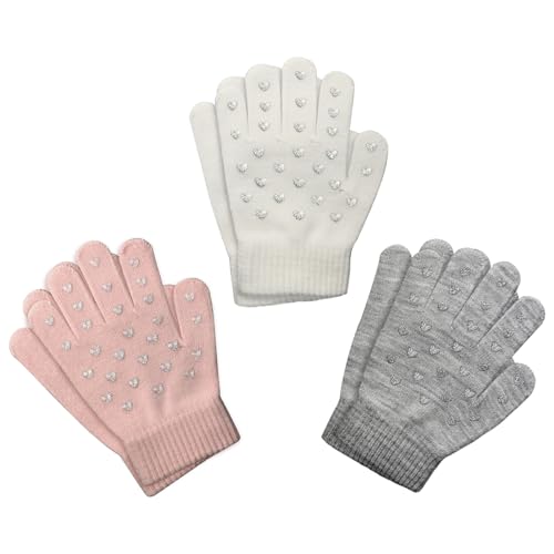 Evridwear Boys Girls Magic Stretch Gripper Gloves 3 Pair Pack Assortment, Kids One Size Winter Warm Gloves Children (6-8Years, 3 Pairs Heart Printing)