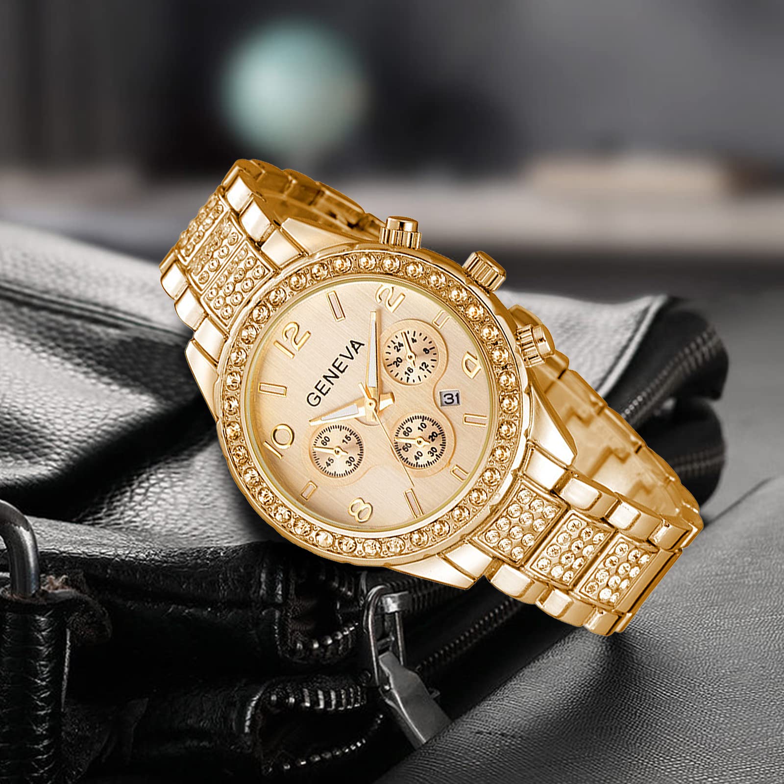 FANMIS Unisex Luxury Pave Floating Crystal Diamonds Calendar Quartz Watch with Stainless Steel Link Bracelet (B Gold)
