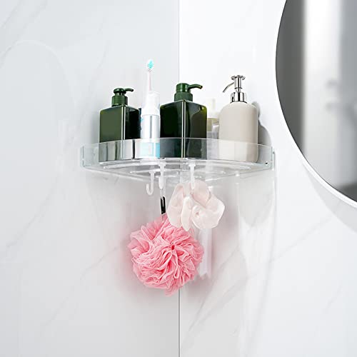 ChezMax Corner Shower Caddy, 2 Pack Adhesive Acrylic Bathroom Organizer with 10 Hooks for Shampoo Soap, Transparent Wall Mounted No Drilling Toilet Shelf, Floating Sponges Scrubbers Holder for Kitchen