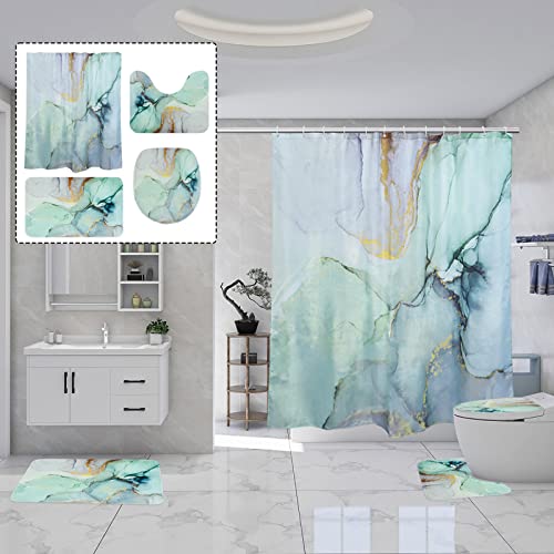 Apprekt 4Pcs Blue Marble Shower Curtain Sets with Rugs, Bathroom Curtains Shower with Non-Slip Rug,Fabric Shower Curtain Modern Bathroom Accessories Decor with Bath Mats(72 x 72 Inch)