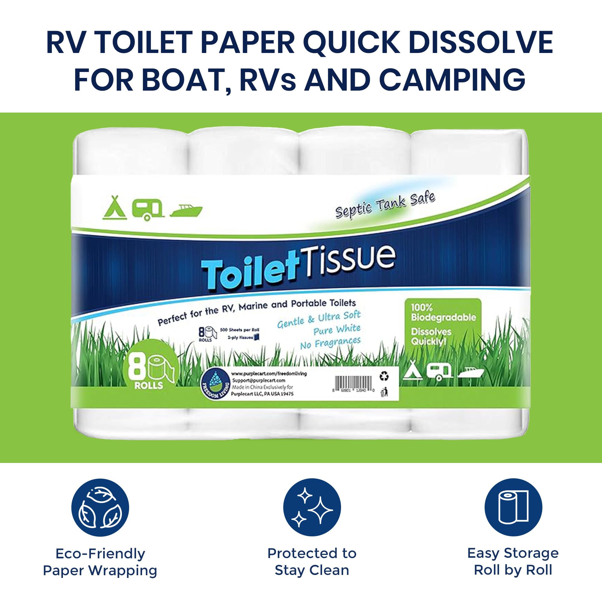 Freedom Living RV Toilet Paper (2-Ply, 8 Rolls, 500 sheets each) - Biodegradable Septic Tank Safe Rapid Dissolve Toilet Tissue for Camping, Marine, RV Holding