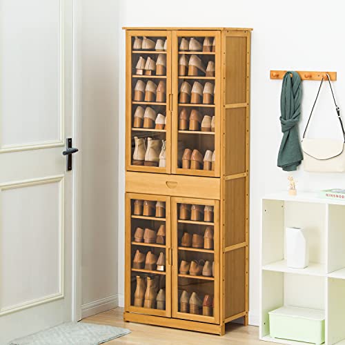 MoNiBloom Tall Shoe Storage Cabinet with 2 Double Doors Bamboo Free Standing Shoes Shelf Stand with 1 Drawer for 32-36 Pairs Entryway Hallway Bedroom, Natural