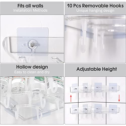 ChezMax Corner Shower Caddy, 2 Pack Adhesive Acrylic Bathroom Organizer with 10 Hooks for Shampoo Soap, Transparent Wall Mounted No Drilling Toilet Shelf, Floating Sponges Scrubbers Holder for Kitchen