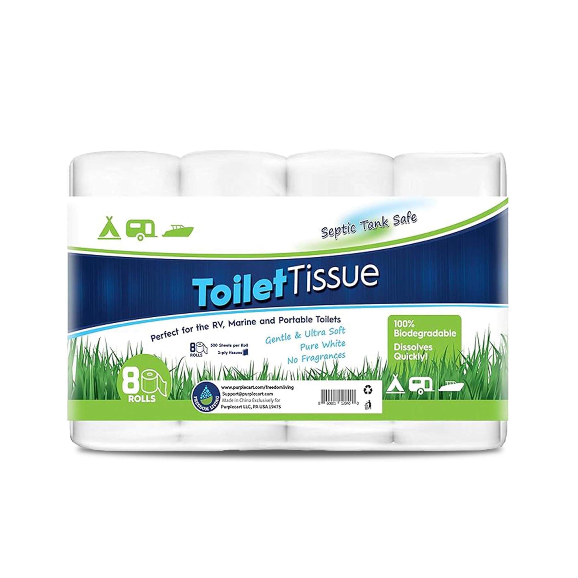 Freedom Living RV Toilet Paper (2-Ply, 8 Rolls, 500 sheets each) - Biodegradable Septic Tank Safe Rapid Dissolve Toilet Tissue for Camping, Marine, RV Holding