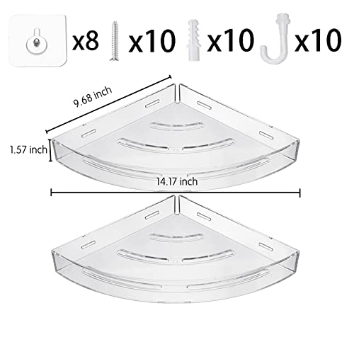 ChezMax Corner Shower Caddy, 2 Pack Adhesive Acrylic Bathroom Organizer with 10 Hooks for Shampoo Soap, Transparent Wall Mounted No Drilling Toilet Shelf, Floating Sponges Scrubbers Holder for Kitchen