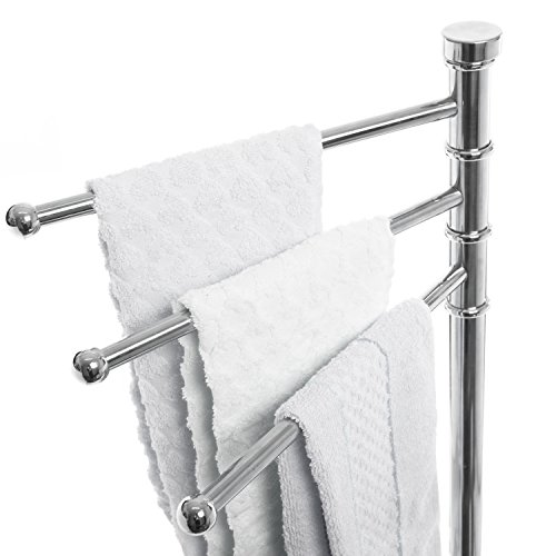 MyGift 38 Inch Silver Metal Freestanding Towel Rack for Bathroom with 3 Swivel Arms and Sturdy Round Base