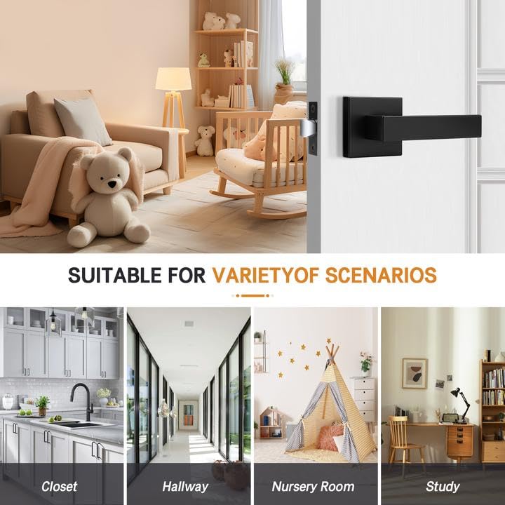 Probrico 4 Pack| Square Passage Levers Matt Black Hall and Closet Door Handles, Heavy Duty Interior Keyless Non-Locking Levers, Rectangular Handle for Right/Left Handed Doors