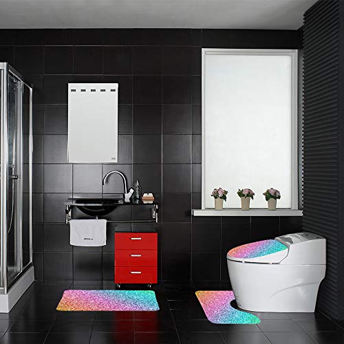3 Pieces Bathroom Rugs Sets Non Slip Coral Fleece Absorption Extra Soft Durable Bath Carpet Accessories for Tub Shower Bedroom Entryway Rainbow Shimmering Glitter Print