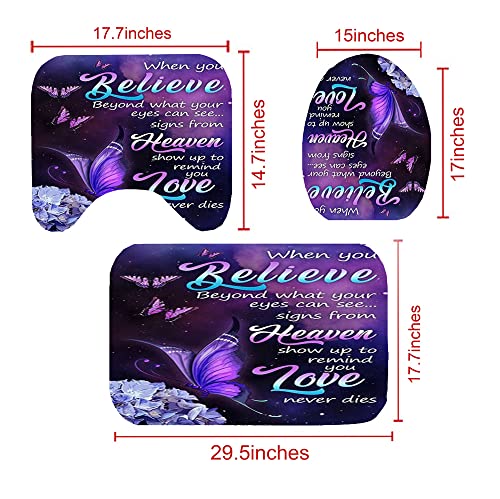 Butterfly Shower Curtain Sets with Non-Slip Rugs,Bath Mat,Toilet Lid Cover and 12 Hooks,Waterproof Polyester Modern Style Floating Purple Bath Sets Bathroom Decor 4Pcs