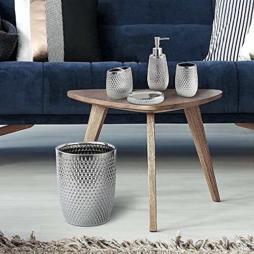 BASDHE Bathroom Accessories Set 5 Piece Bath Ensemble Includes Trash Can,Toothbrush Holder,Toothbrush Cup,Soap Dispenser,Soap Dish for Decorative Countertop and Housewarming Gift, Grey