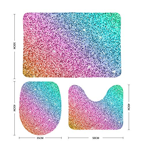 3 Pieces Bathroom Rugs Sets Non Slip Coral Fleece Absorption Extra Soft Durable Bath Carpet Accessories for Tub Shower Bedroom Entryway Rainbow Shimmering Glitter Print