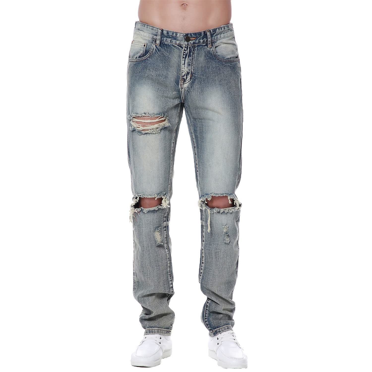 Previn Men's Ripped Denim Jeans Distressed Slim Trousers Destroy Holes Stretch Biker Pants Style1 40W x 32L