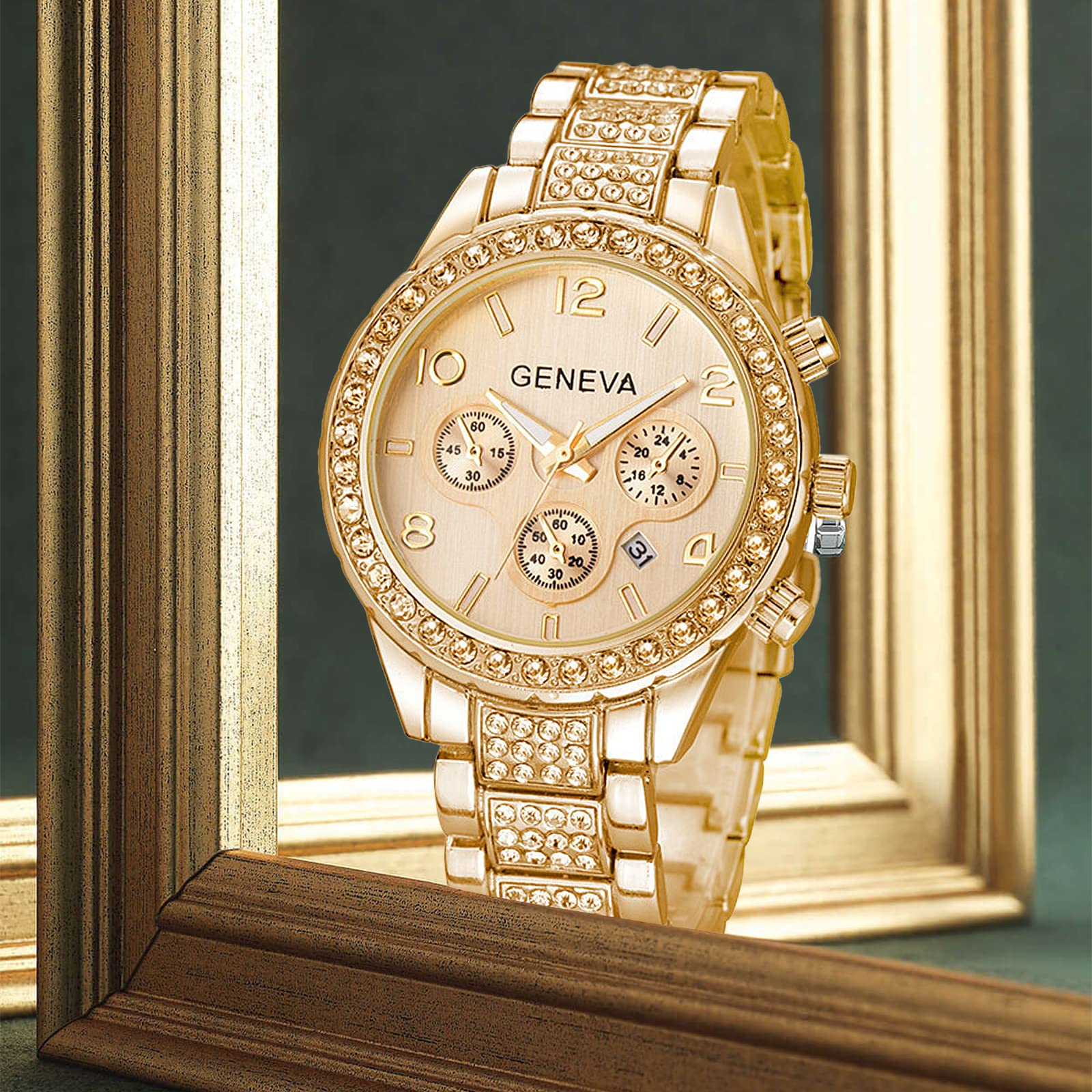 FANMIS Unisex Luxury Pave Floating Crystal Diamonds Calendar Quartz Watch with Stainless Steel Link Bracelet (B Gold)