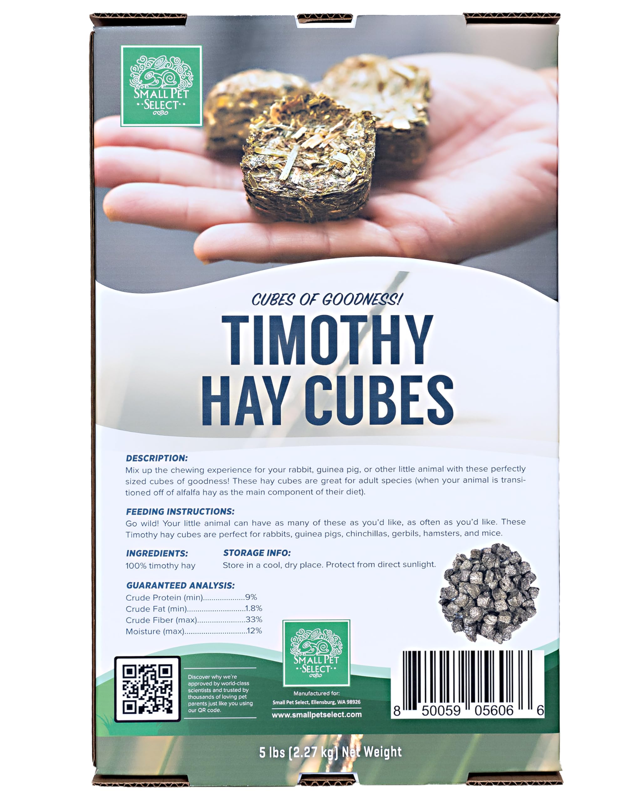 Small Pet Select - Straight Timothy Hay Cubes - 100% All Natural Timothy Hay, Not Blended - Delivered Fresh, Guarantee, (5 lb)