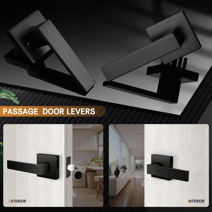 Probrico 10 Pack| Matte Black Passage Door Levers Interior Heavy Duty Square Door Handles, Hall/Closet Non-Locking Door Levers for Pantry Utility Room, Contractor Pack