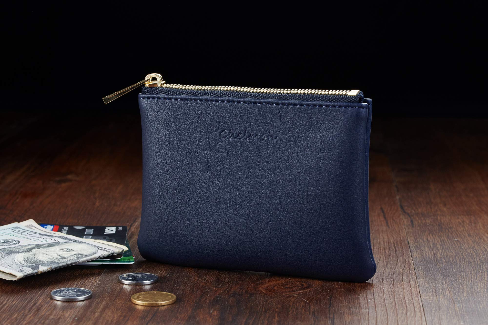 Chelmon Vegan Leather Coin Purse Pouch Change Purse With Zipper For Men Women (Blue Navy)