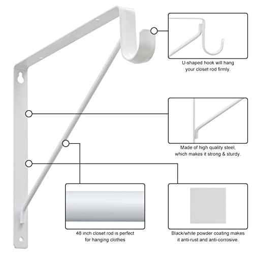 Closet Rod Brackets with 32" Rod, Heavy Duty Closet Shelf Brackets with Rod Holder for Shelf Storage and Hanging Clothes, 2 Pack Wall Mount Closet Pole Supports Bracket, White