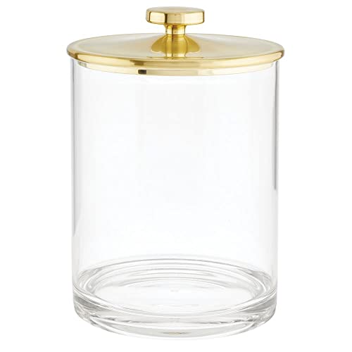mDesign Large Modern Apothecary Storage Organizer Canister Jars - Plastic Containers for Bathroom, Organization Holder for Vanity, Counter, and Makeup Tables, Lumiere Collection, Clear/Soft Brass