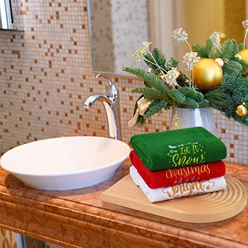 Shojoy 3 Pack Christmas Hand Towels 100% Cotton Large Size 25 x 14 Inch Christmas Theme Embroidery Towels for Christmas Home Bathroom Kitchen Decor (Red, Green, White)