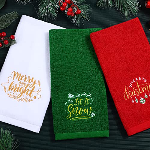 Shojoy 3 Pack Christmas Hand Towels 100% Cotton Large Size 25 x 14 Inch Christmas Theme Embroidery Towels for Christmas Home Bathroom Kitchen Decor (Red, Green, White)