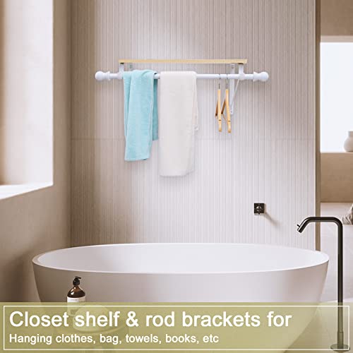 Closet Rod Brackets with 32" Rod, Heavy Duty Closet Shelf Brackets with Rod Holder for Shelf Storage and Hanging Clothes, 2 Pack Wall Mount Closet Pole Supports Bracket, White