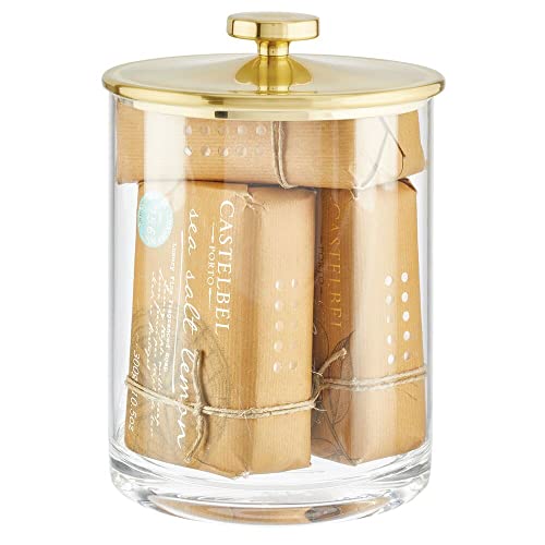 mDesign Large Modern Apothecary Storage Organizer Canister Jars - Plastic Containers for Bathroom, Organization Holder for Vanity, Counter, and Makeup Tables, Lumiere Collection, Clear/Soft Brass
