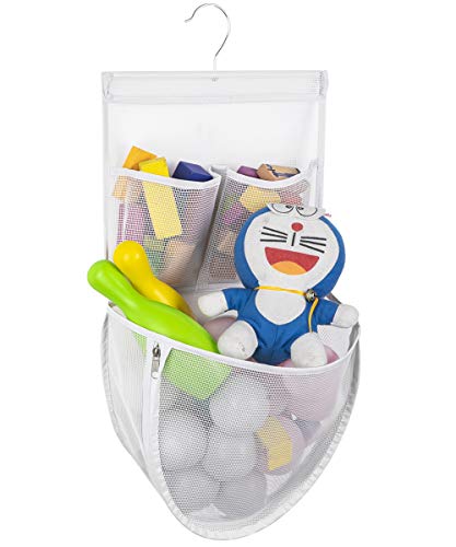 ALYER Hanging Bath Toy Organizer,Bottom Zippered Bathtub Toy Storage Mesh Bag with Sturdy Hanger (White)