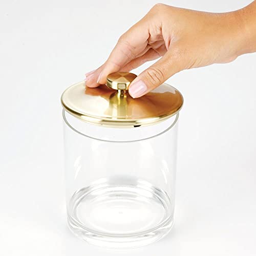 mDesign Large Modern Apothecary Storage Organizer Canister Jars - Plastic Containers for Bathroom, Organization Holder for Vanity, Counter, and Makeup Tables, Lumiere Collection, Clear/Soft Brass