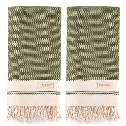 Evelynen Turkish Hand Towels for Bathroom & Kitchen Towels Decorative Set of 2 | Boho Farmhouse Hand Towels with Hanging Loops for Face, Tea, Dish, Kitchen & Bath |0 Cotton (16" x 32" - Khaki)