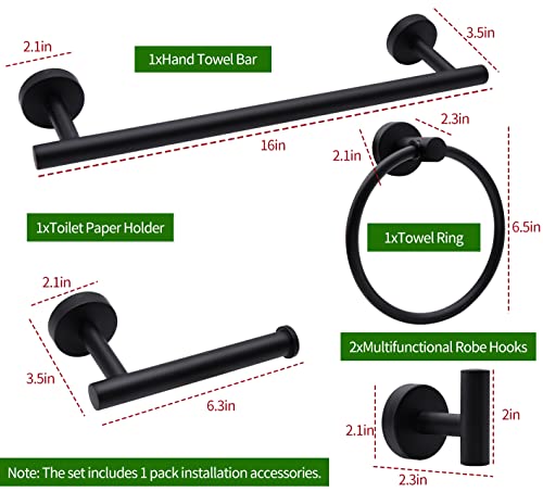 Bathroom Hardware Set, 5/10/20pcs Bathroom Hardware Set, Stainless Steel Bath Hardware Set Including 16" Hand Towel Bars, Toilet Paper Holders, Towel Rings, Robe Towel Hooks (5pcs, Black)