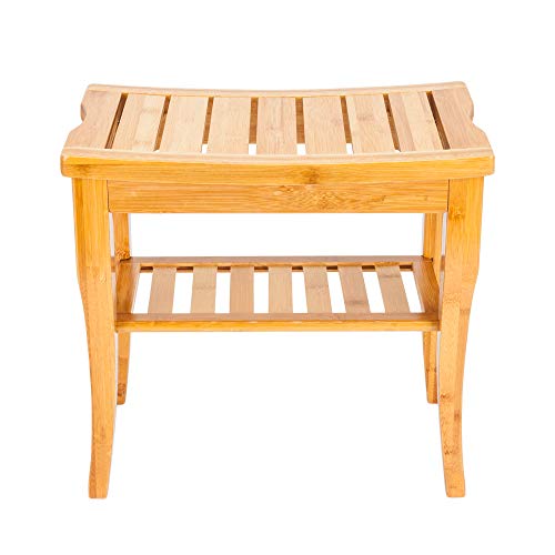 Bamboo Shower Bench Spa Stool, 2-Tier Shower Seat Bench , Foot Rest Shaving Stool with Non-Slip Feet Storage Shelf Organizer for Bathroom, Living Room, Bedroom and Garden Decor