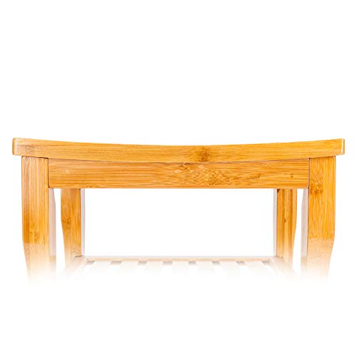Bamboo Shower Bench Spa Stool, 2-Tier Shower Seat Bench , Foot Rest Shaving Stool with Non-Slip Feet Storage Shelf Organizer for Bathroom, Living Room, Bedroom and Garden Decor
