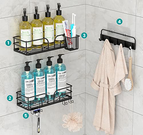 EZFurni Set of 4 Adhesive Shower Caddy, Rustproof Stainless Steel Bathroom Shower Organizer & Towel Holder Included, Solid Shower Shelves for Inside Shower,Roomy Shower Rack, Not Slide Down, Black