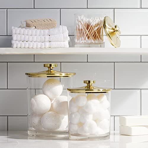 mDesign Large Modern Apothecary Storage Organizer Canister Jars - Plastic Containers for Bathroom, Organization Holder for Vanity, Counter, and Makeup Tables, Lumiere Collection, Clear/Soft Brass