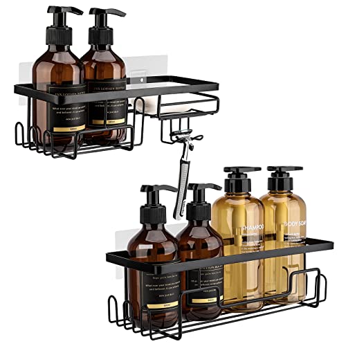 Shower Caddy 2 Pack with Soap Holder, Adhesive Shower Caddy Shelf with 11 Hooks, Wall Mounted Bathroom Shower 0rganizer Stainless Steel No Drilling Black Shower Rack Basket for Inside Shower, Kitchen
