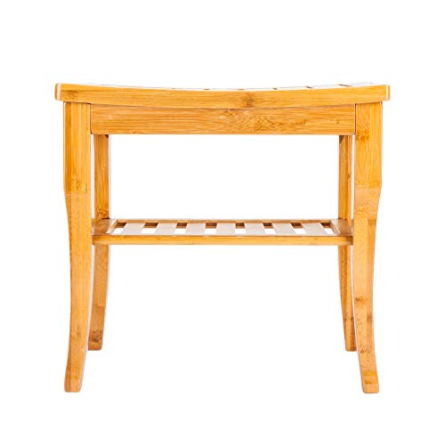 Bamboo Shower Bench Spa Stool, 2-Tier Shower Seat Bench , Foot Rest Shaving Stool with Non-Slip Feet Storage Shelf Organizer for Bathroom, Living Room, Bedroom and Garden Decor