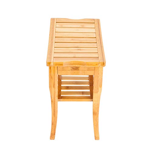 Bamboo Shower Bench Spa Stool, 2-Tier Shower Seat Bench , Foot Rest Shaving Stool with Non-Slip Feet Storage Shelf Organizer for Bathroom, Living Room, Bedroom and Garden Decor