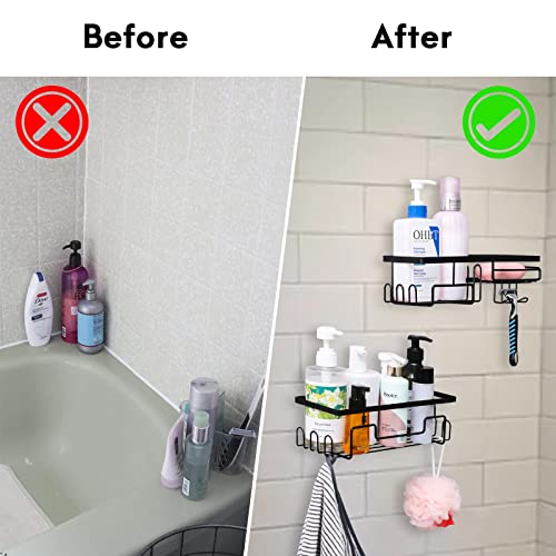 Shower Caddy 2 Pack with Soap Holder, Adhesive Shower Caddy Shelf with 11 Hooks, Wall Mounted Bathroom Shower 0rganizer Stainless Steel No Drilling Black Shower Rack Basket for Inside Shower, Kitchen