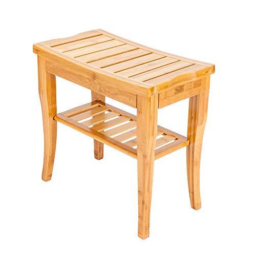 Bamboo Shower Bench Spa Stool, 2-Tier Shower Seat Bench , Foot Rest Shaving Stool with Non-Slip Feet Storage Shelf Organizer for Bathroom, Living Room, Bedroom and Garden Decor