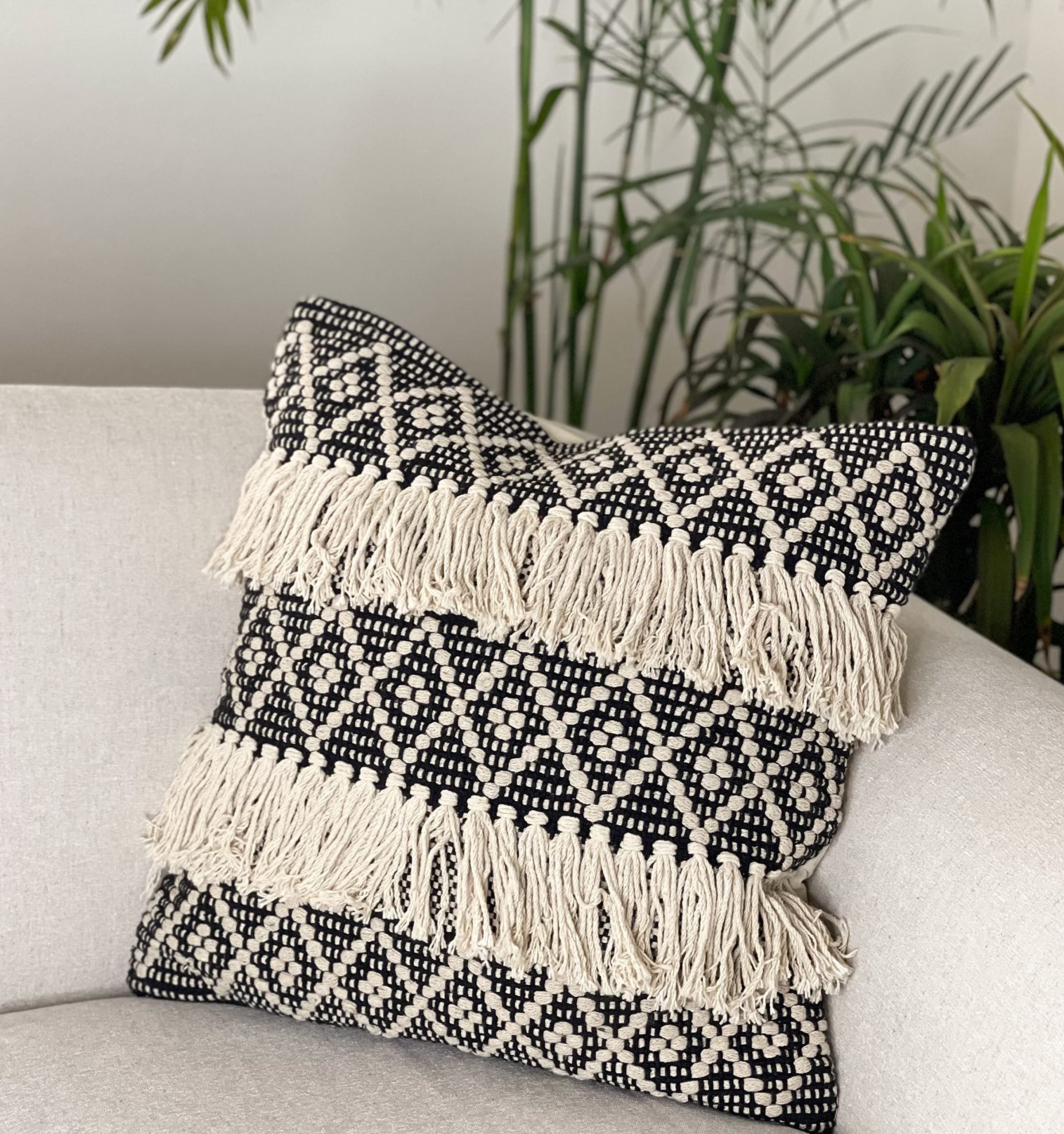 Chardin home Black & Ivory Boho Pillow Covers, Set of 2 Decorative Throw Pillow Covers 20x20 with Fringe Tassels | Farmhouse Pillow Cover with Woven Diamond Design