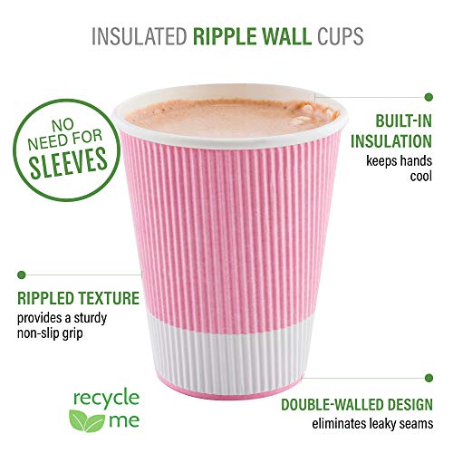 8 Ounce Disposable Coffee Cups, 500 Double Wall Hot Cups For Coffee - Lids Sold Separately, Rippled Wall, Light Pink Paper Insulated Coffee Cups, For Coffee, Tea And More-Restaurantware