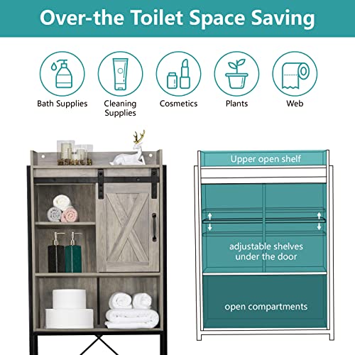 VINGLI Rustic Over-The-Toilet Storage Cabinet, Farmhouse Sliding Barn Door Bathroom Rack Space Saver Oragnizer w/Adjustable Shelves and Steel Frame (Wash Grey)