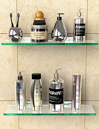 GeekDigg 2 Sets Glass Shelves for Bathroom, No Drilling Shower Caddy Glass Shelves for Wall Glass Bathroom Storage Organizer Shelf with Aluminum Bracket for Bathroom, Shower, Kitchen, Laundry