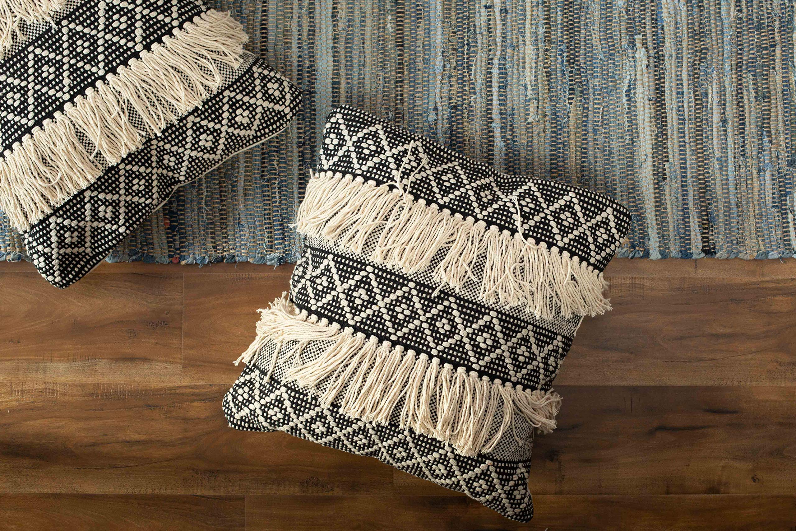 Chardin home Black & Ivory Boho Pillow Covers, Set of 2 Decorative Throw Pillow Covers 20x20 with Fringe Tassels | Farmhouse Pillow Cover with Woven Diamond Design