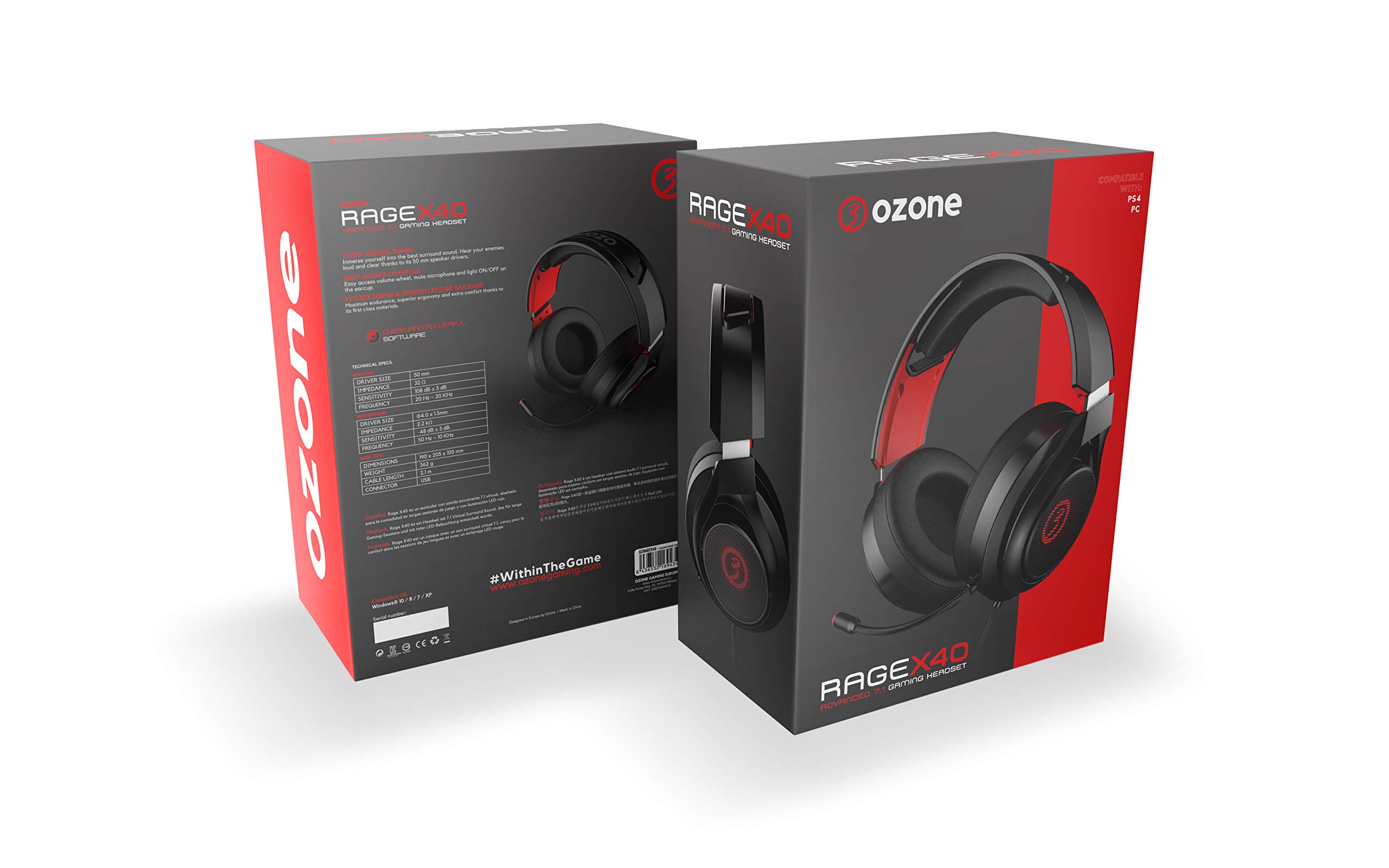 Gaming Headphones Ozone Rage X40 - Headphones with Microphone - Virtual 7.1 Sound, Software, 50m Speakers, Red LED, Adjustable Headband, Controller, PS4 Compatible, Ergonomic, Black