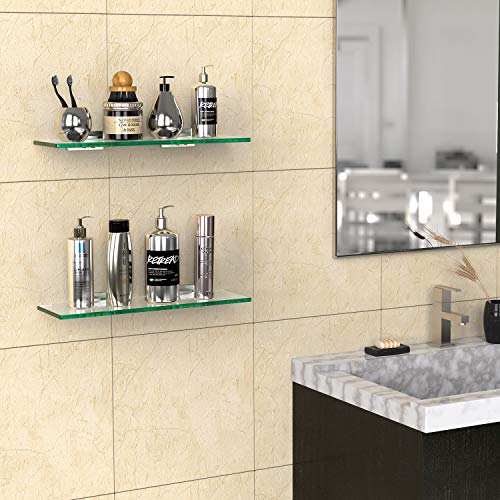 GeekDigg 2 Sets Glass Shelves for Bathroom, No Drilling Shower Caddy Glass Shelves for Wall Glass Bathroom Storage Organizer Shelf with Aluminum Bracket for Bathroom, Shower, Kitchen, Laundry